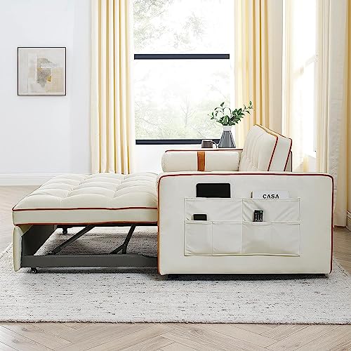 ERYE Modern Loveseat Convertible Sleeper Couch Bed, Upholstered Futon Sofabed for Living Room,2 Seater Comfy Love Seat Daybed Sofas, Beige Twin Velvet Tufted 2 Cylinder Pillows Multi-Pockets B