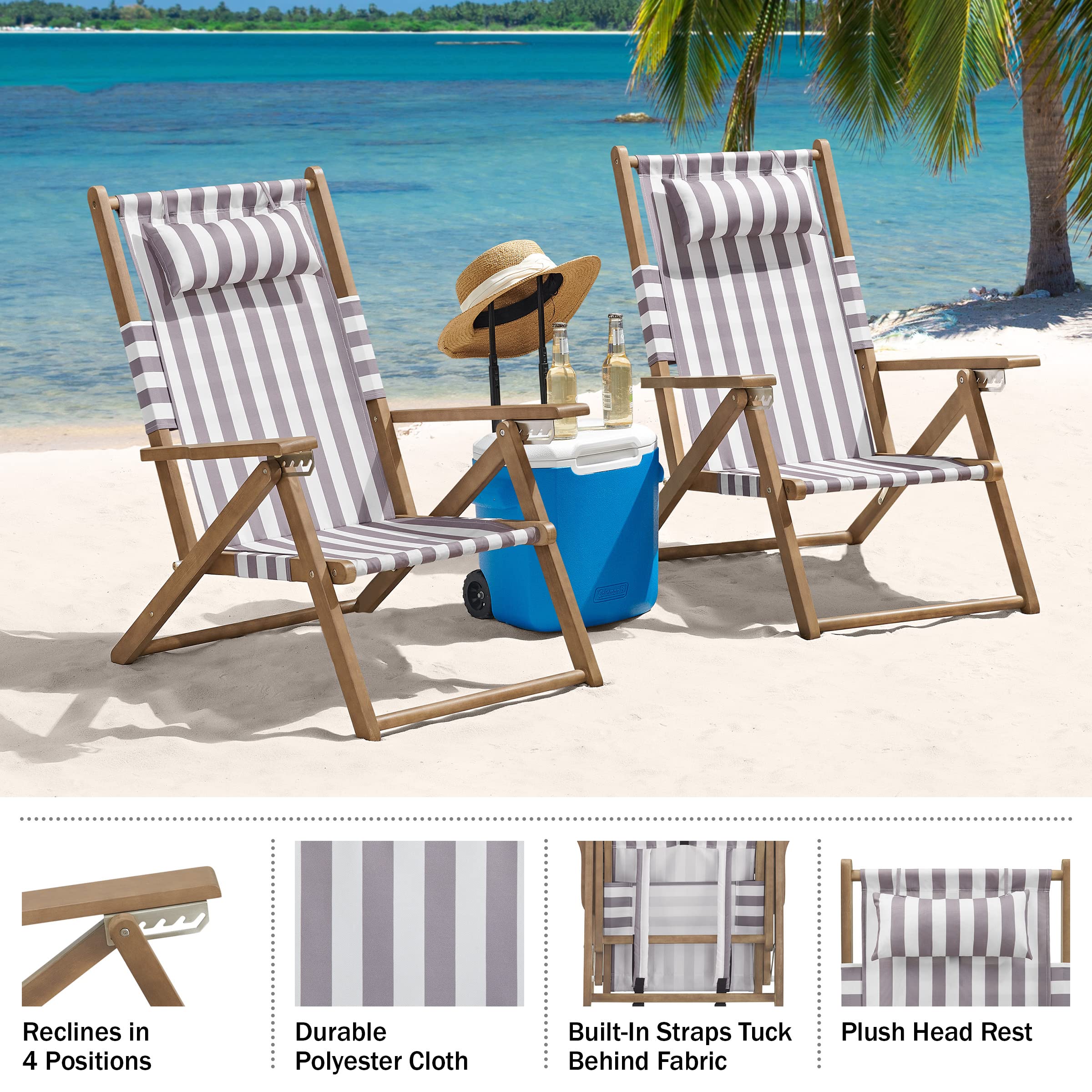 Lavish Home Set of 2 Beach Chairs - Outdoor Weather-Resistant Wood Folding Chairs with Carry Straps and Reclining Seat - Beach Essentials (Taupe)