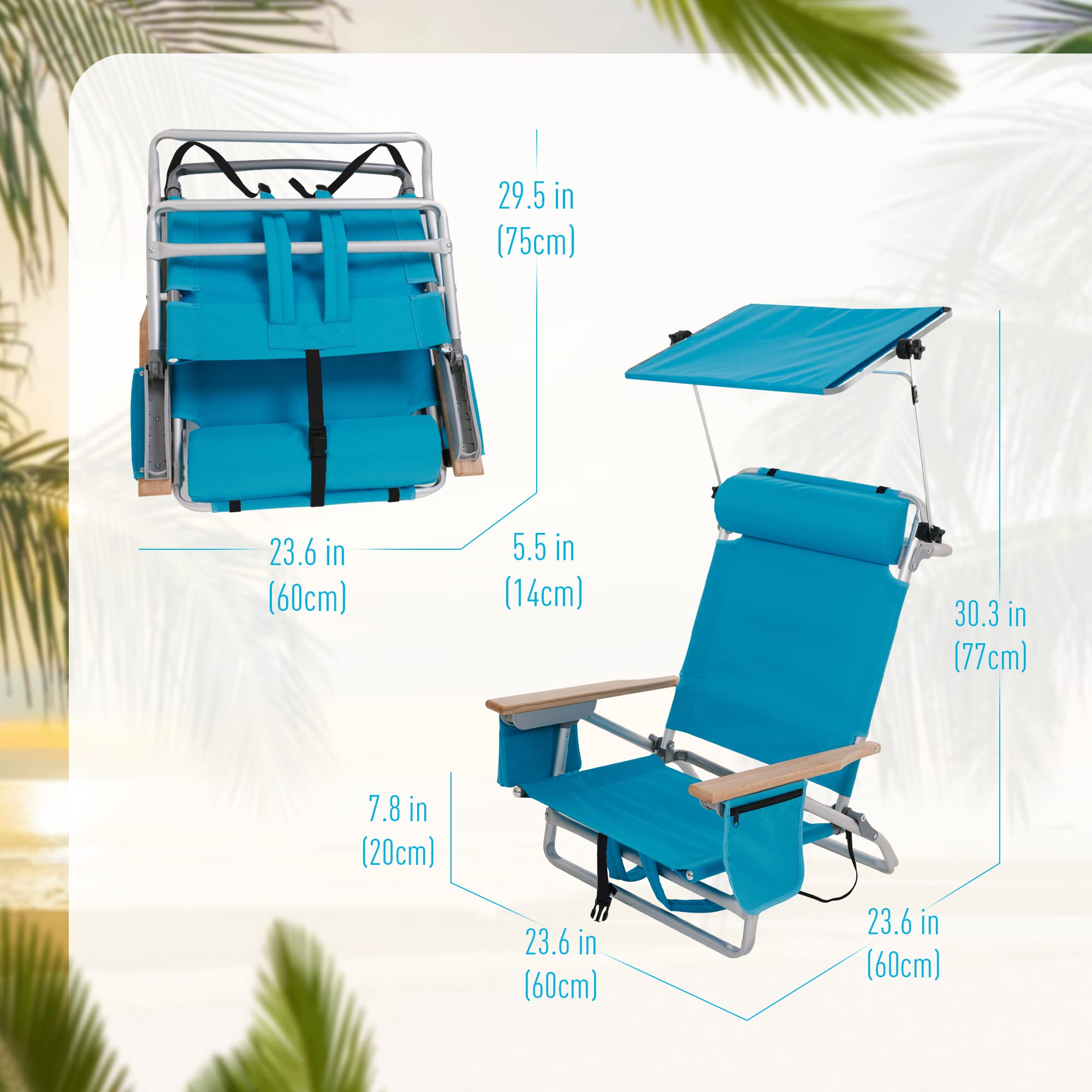 PiQuick aсtivating Rest Folding Backpack Beach Chair, Aluminum 5-Position Flat-Insulated, Camping Chair with Headrest and Collapsible Sun Shade, Towel Bar-Storage, Cooler Pouch (Blue)