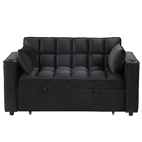 4 in 1 Upholstered Futon Sofa Convertible Twin Sofabed ,Foldable Tufted Loveseat with Pull Out Sleeper Couch Bed, Space Saving Love Seat Daybed W/Side Pockets ,USB Ports & Cupholders for Living Room