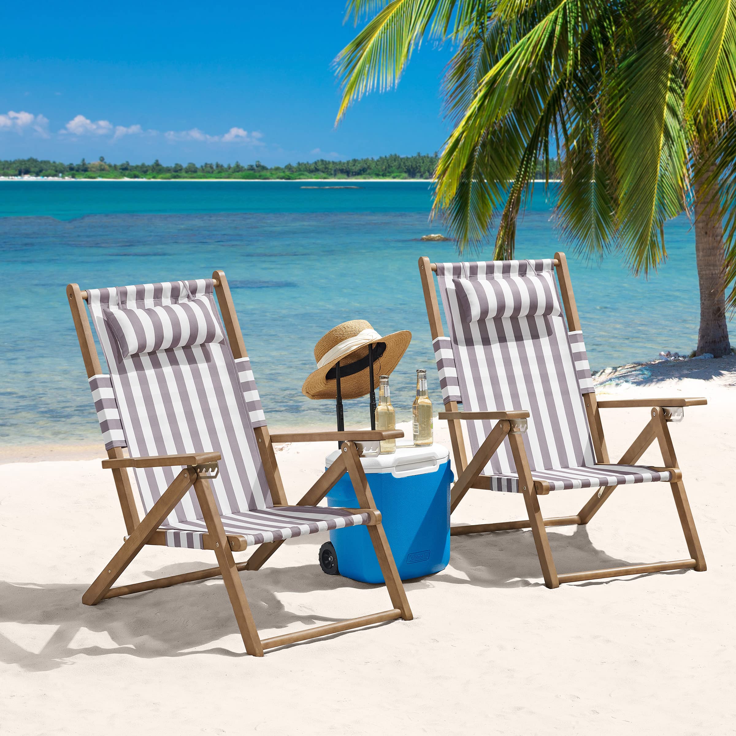 Lavish Home Set of 2 Beach Chairs - Outdoor Weather-Resistant Wood Folding Chairs with Carry Straps and Reclining Seat - Beach Essentials (Taupe)