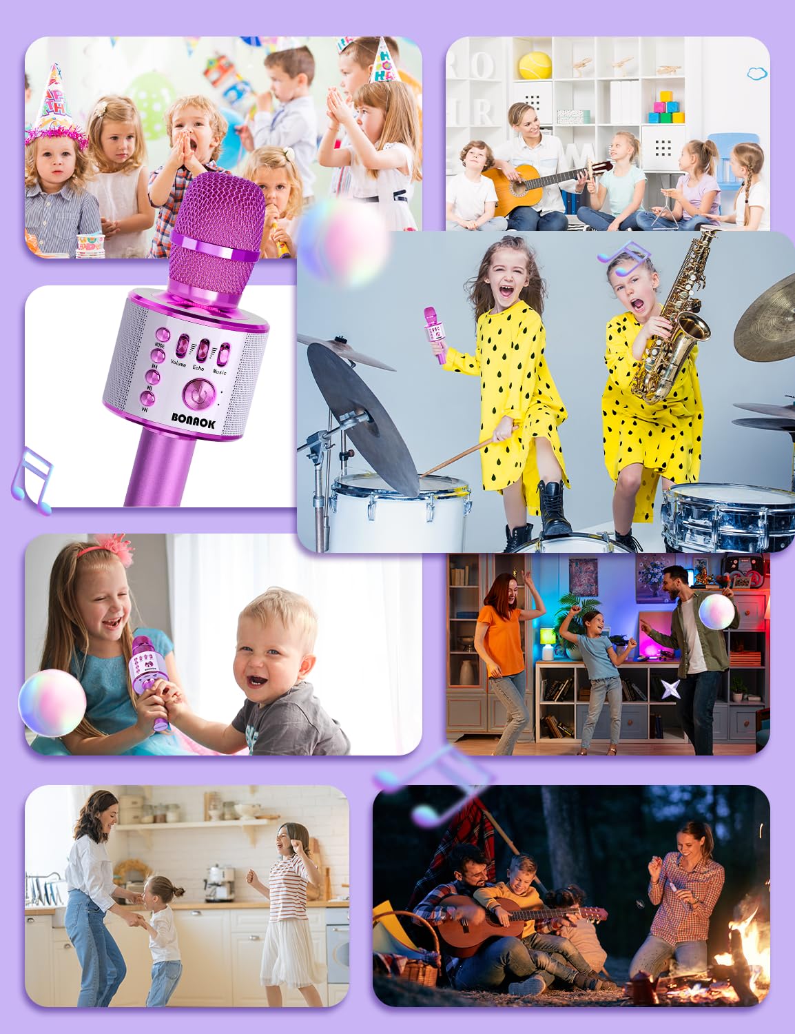 BONAOK Wireless Bluetooth Karaoke Microphone, Portable Toy Microphone for Singing, Gifts to Girls Boys Kids Adults All Age Q37（Bright Purple）
