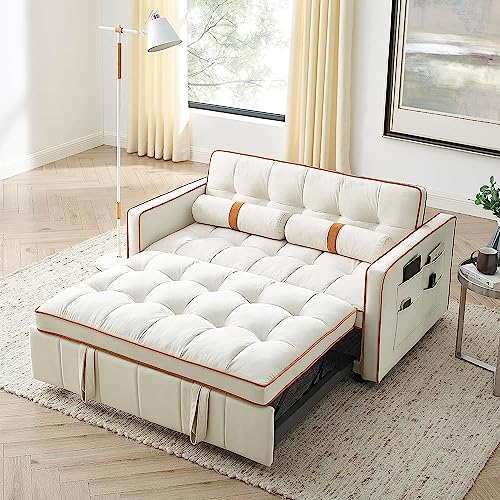 ERYE Modern Loveseat Convertible Sleeper Couch Bed, Upholstered Futon Sofabed for Living Room,2 Seater Comfy Love Seat Daybed Sofas, Beige Twin Velvet Tufted 2 Cylinder Pillows Multi-Pockets B