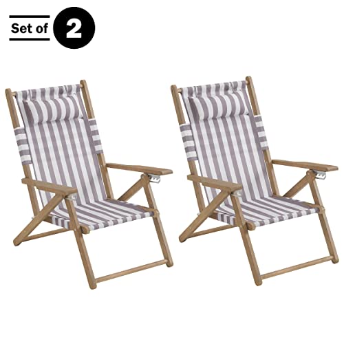 Lavish Home Set of 2 Beach Chairs - Outdoor Weather-Resistant Wood Folding Chairs with Carry Straps and Reclining Seat - Beach Essentials (Taupe)