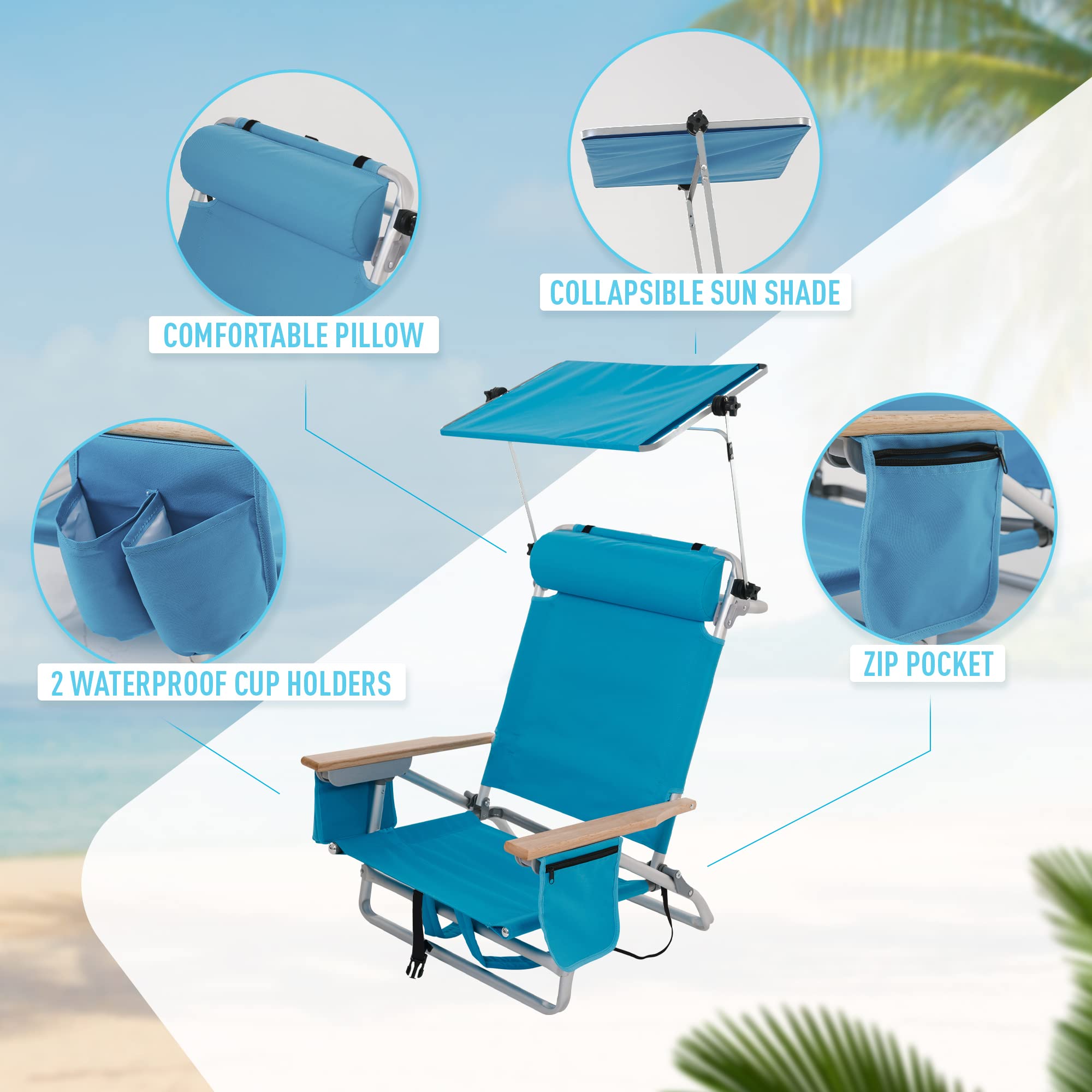 PiQuick aсtivating Rest Folding Backpack Beach Chair, Aluminum 5-Position Flat-Insulated, Camping Chair with Headrest and Collapsible Sun Shade, Towel Bar-Storage, Cooler Pouch (Blue)