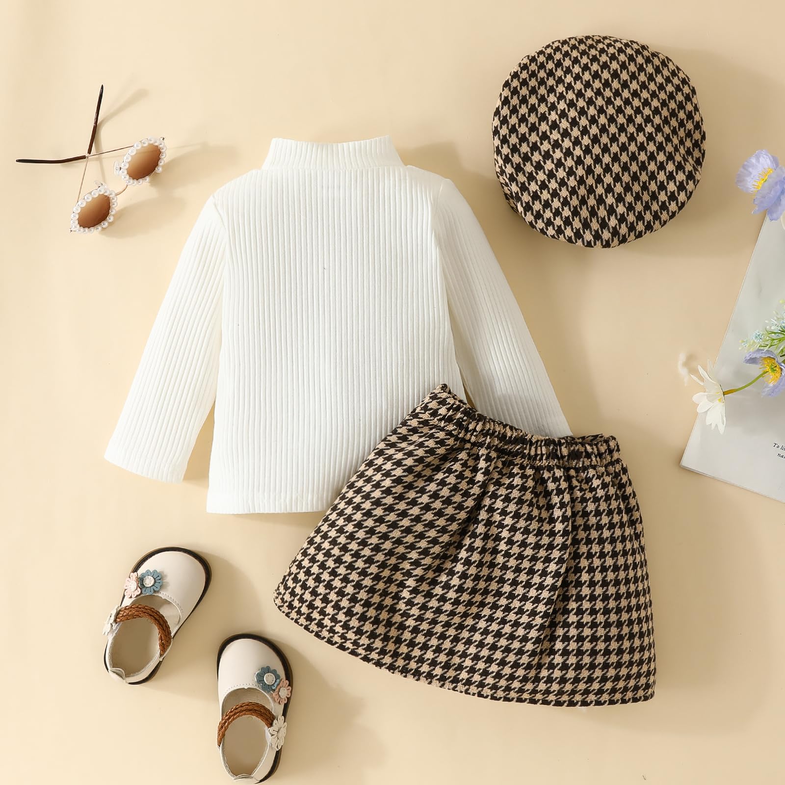 TUSFTAY Toddler Baby Girl Outfits Fall Winter Clothes Ribbed Long Sleeve Tops Houndstooth Print Mini Skirts Beret 3PCS Set (B White, 18-24 Months)