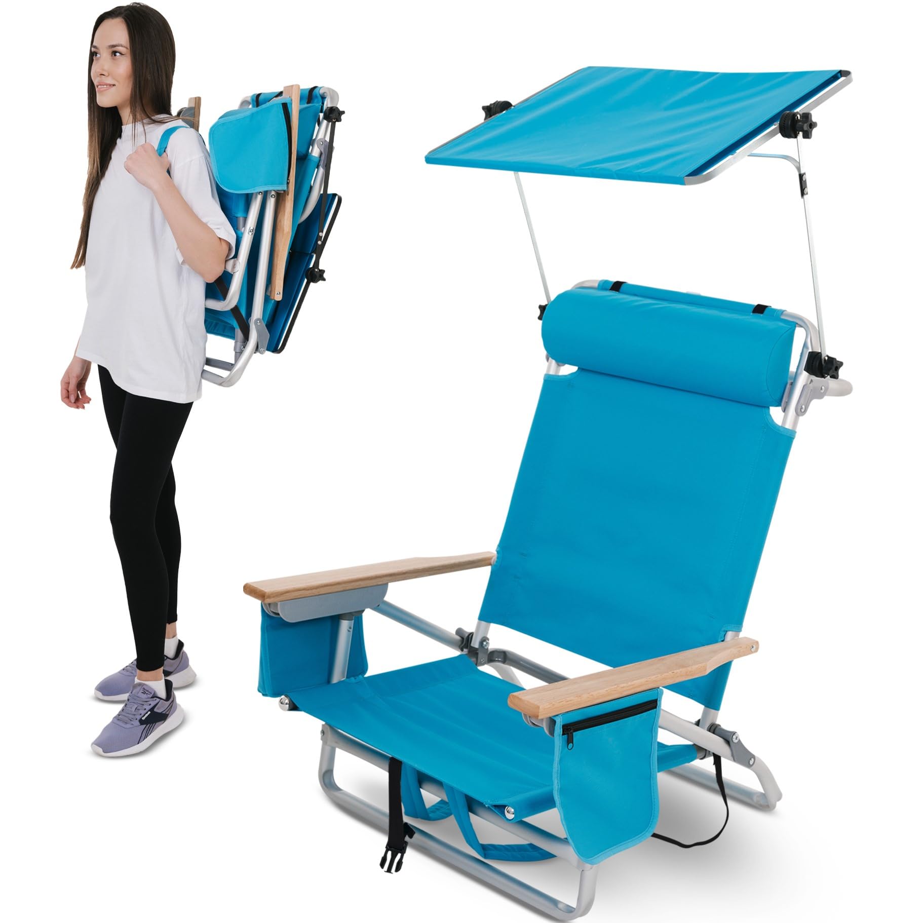 PiQuick aсtivating Rest Folding Backpack Beach Chair, Aluminum 5-Position Flat-Insulated, Camping Chair with Headrest and Collapsible Sun Shade, Towel Bar-Storage, Cooler Pouch (Blue)