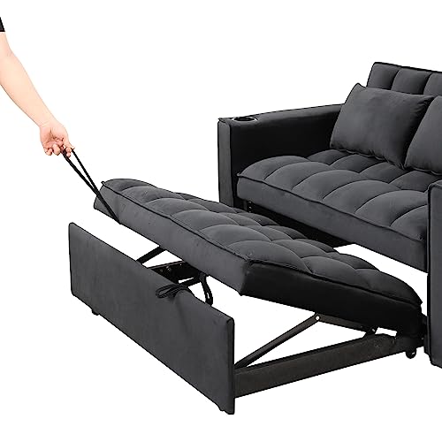 4 in 1 Upholstered Futon Sofa Convertible Twin Sofabed ,Foldable Tufted Loveseat with Pull Out Sleeper Couch Bed, Space Saving Love Seat Daybed W/Side Pockets ,USB Ports & Cupholders for Living Room