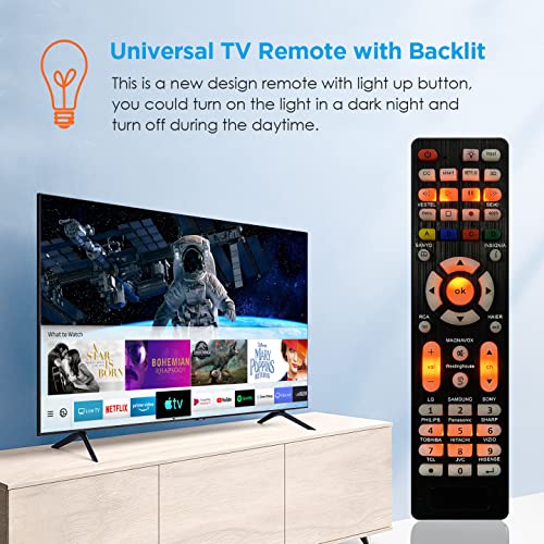 Universal TV Remote Control with Light-Up-Button for LG, Samsung, TCL, Philips, Vizio, Sony, Sharp, Panasonic, Sanyo, Insignia, Toshiba and Other Brands LCD LED 3D HDTV Smart TV Backlit Remote