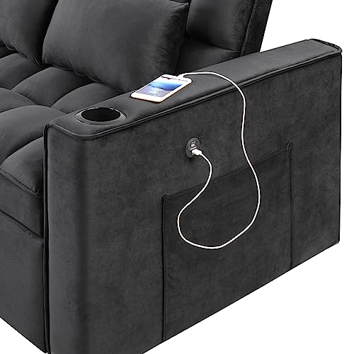 4 in 1 Upholstered Futon Sofa Convertible Twin Sofabed ,Foldable Tufted Loveseat with Pull Out Sleeper Couch Bed, Space Saving Love Seat Daybed W/Side Pockets ,USB Ports & Cupholders for Living Room