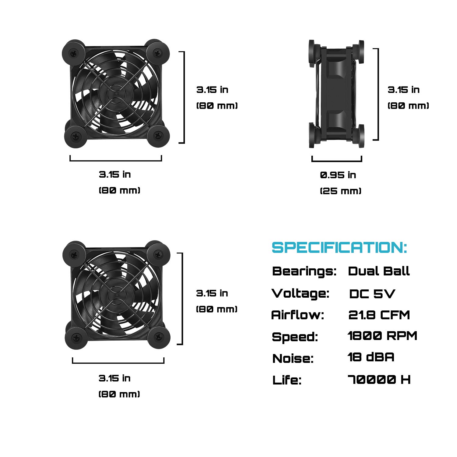 upHere USB Computer Fan Black, Dual 80mm, Silent, 80 * 80*25mm, 1800rpm, 5V, 1.68W, 20dB, Compatible with Desktop, Laptop, TV Box, Receiver, AV Cabin, PS4, Projector, Router