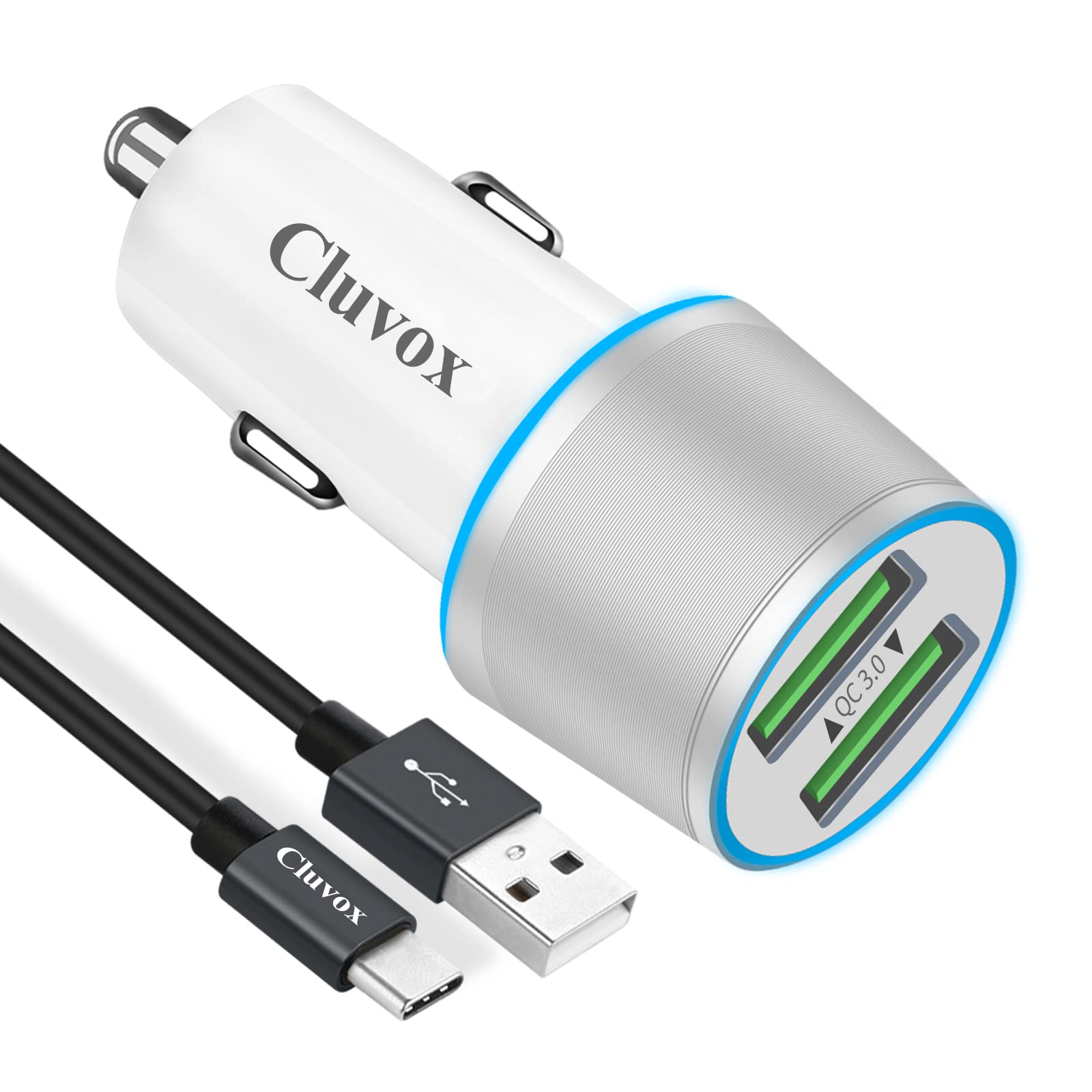 Rapid USB C Car Charger, Compatible for Samsung Galaxy S23/S22/S21/Note 20/Ultra/10/Plus/9/8/S20/S10/S10e/S9/S8/A50/A70, Quick Charge 3.0 Dual USB 18W Fast Car Charger+ Type C Cable 3.3ft-Silver White