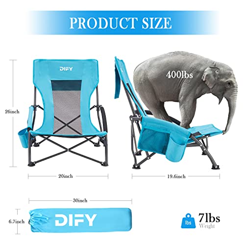 DIFY Folding Beach Chair 2 Pack, Lightweight with Storage Bag and Cup Holder, Comfortable and Portable, for Carry or Backpack, Low Beach Chair for Outdoor Activities, Camping, Beach, Events. (Blue)