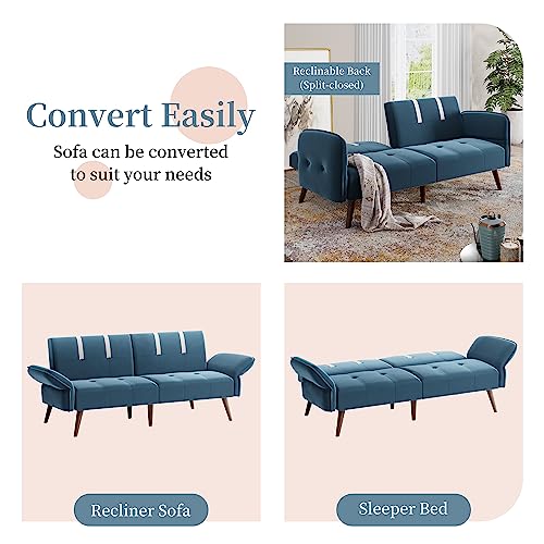 JAMFLY 69'' Velvet Futon Sofa Bed, Convertible Futon Couch Sleeper Sofa with Adjustable Armrests and Backrest, Modern Loveseat Sofa for Living Room, Bedroom…