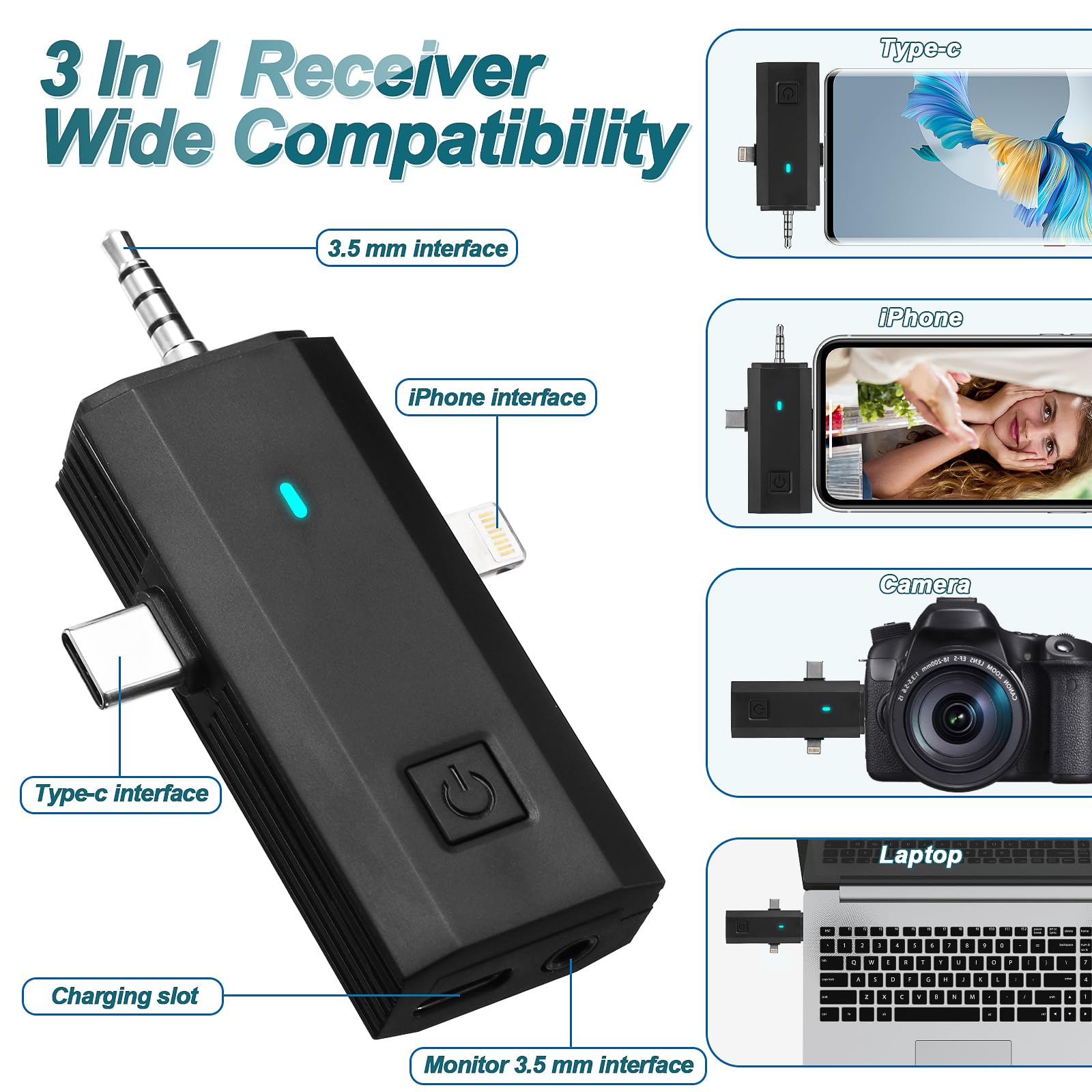 Biupky 3 in 1 Wireless Clip Mic, Wireless Lavalier Microphones, Lapel Clip-on Microphone, Plug-Play Wireless Microphones, for Android iPhone iPad Camera Video Recording TikTok Facebook YouTube Live