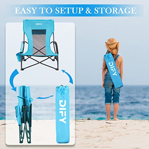 DIFY Folding Beach Chair 2 Pack, Lightweight with Storage Bag and Cup Holder, Comfortable and Portable, for Carry or Backpack, Low Beach Chair for Outdoor Activities, Camping, Beach, Events. (Blue)