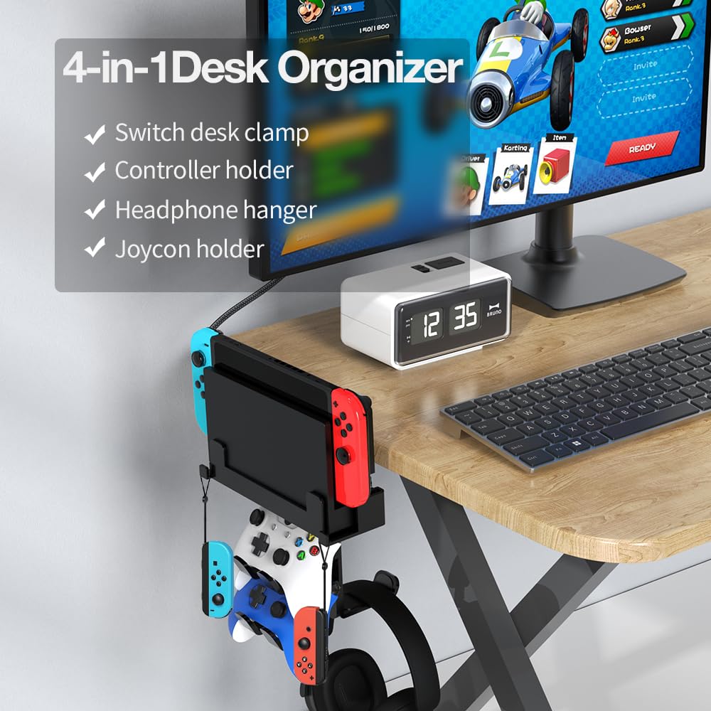 JDGPOKOO 4 in 1 Under Desk Clamp for Nintendo Switch/OLED, Switch Holder Mount with 360° Rotatable Headphone Hanger and Controller Holder, Headset and Controller Stand for PS4, PS5, Xbox, PC