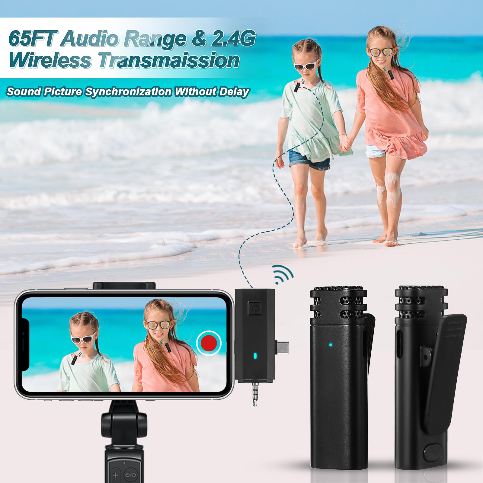 Biupky 3 in 1 Wireless Clip Mic, Wireless Lavalier Microphones, Lapel Clip-on Microphone, Plug-Play Wireless Microphones, for Android iPhone iPad Camera Video Recording TikTok Facebook YouTube Live