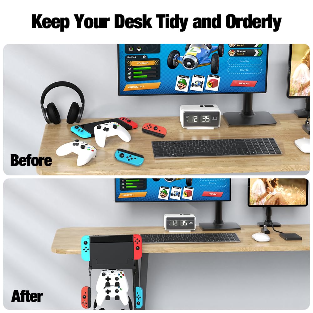 JDGPOKOO 4 in 1 Under Desk Clamp for Nintendo Switch/OLED, Switch Holder Mount with 360° Rotatable Headphone Hanger and Controller Holder, Headset and Controller Stand for PS4, PS5, Xbox, PC
