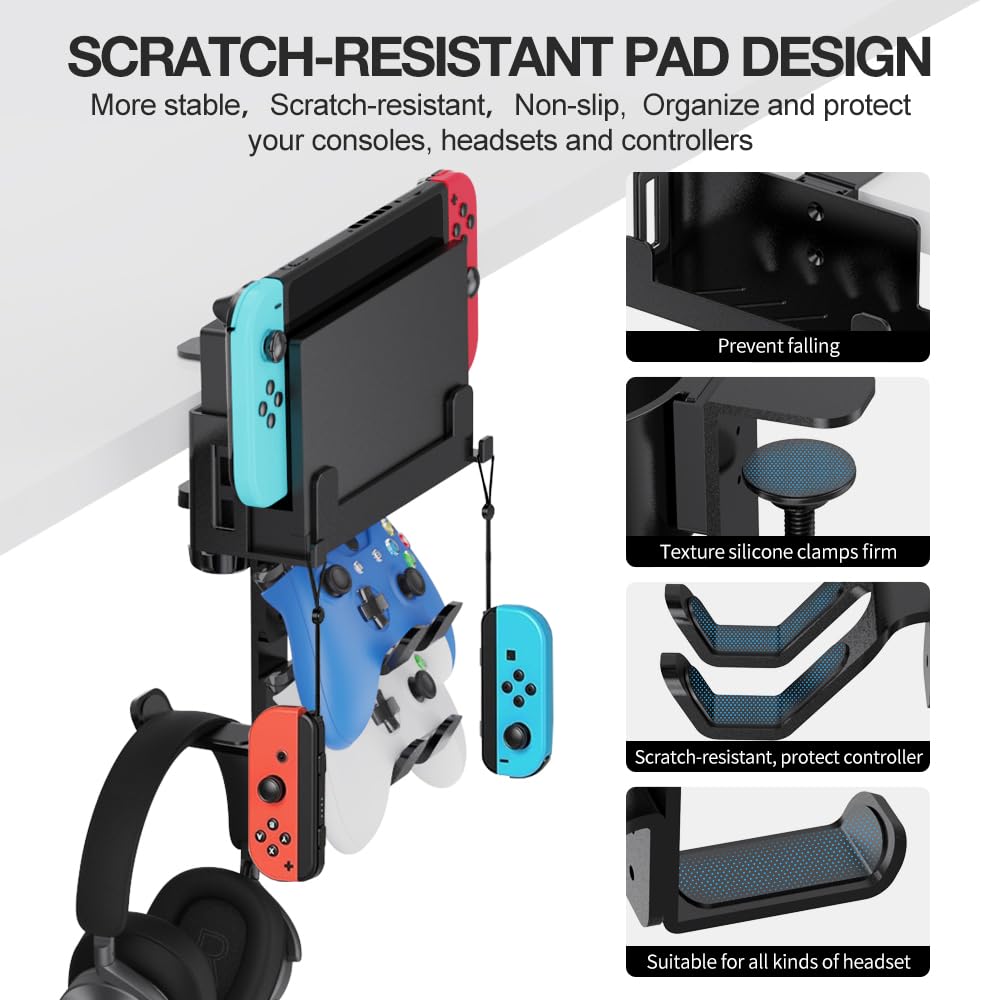 JDGPOKOO 4 in 1 Under Desk Clamp for Nintendo Switch/OLED, Switch Holder Mount with 360° Rotatable Headphone Hanger and Controller Holder, Headset and Controller Stand for PS4, PS5, Xbox, PC