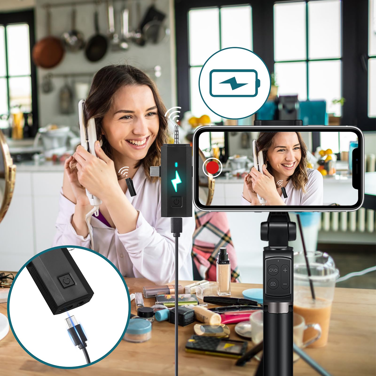 Biupky 3 in 1 Wireless Clip Mic, Wireless Lavalier Microphones, Lapel Clip-on Microphone, Plug-Play Wireless Microphones, for Android iPhone iPad Camera Video Recording TikTok Facebook YouTube Live