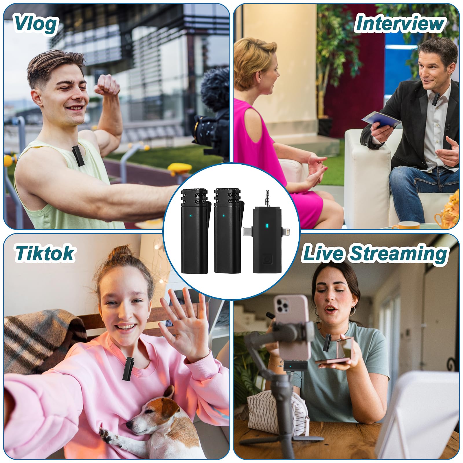 Biupky 3 in 1 Wireless Clip Mic, Wireless Lavalier Microphones, Lapel Clip-on Microphone, Plug-Play Wireless Microphones, for Android iPhone iPad Camera Video Recording TikTok Facebook YouTube Live