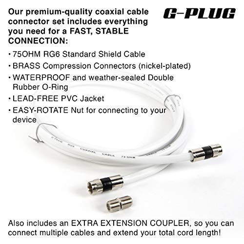 G-PLUG 6FT RG6 Coaxial Cable Connectors Set β High-Speed Internet, Broadband and Digital TV Aerial, Satellite Cable Extension β Weather-Sealed Double Rubber O-Ring and Compression Connectors White