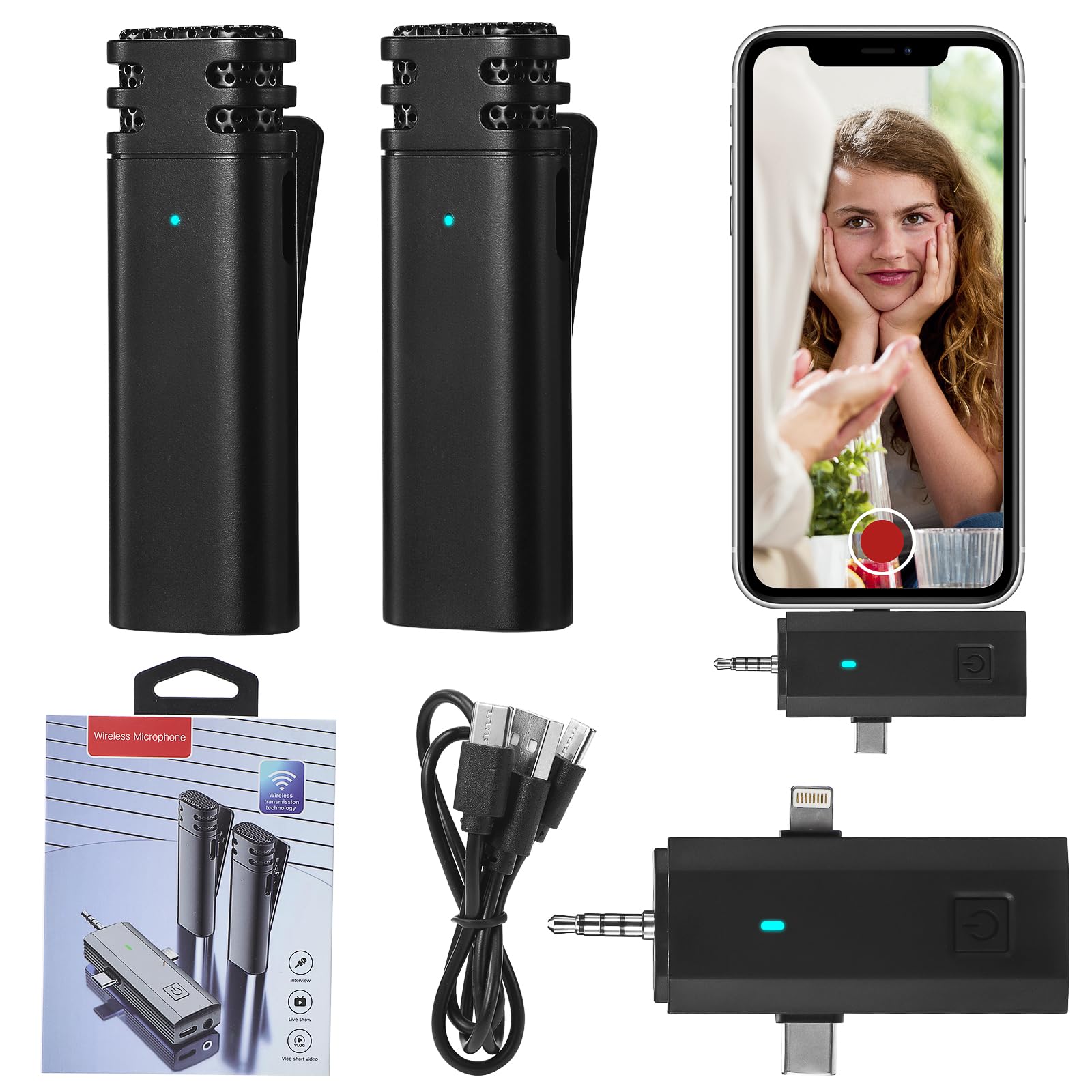 Biupky 3 in 1 Wireless Clip Mic, Wireless Lavalier Microphones, Lapel Clip-on Microphone, Plug-Play Wireless Microphones, for Android iPhone iPad Camera Video Recording TikTok Facebook YouTube Live