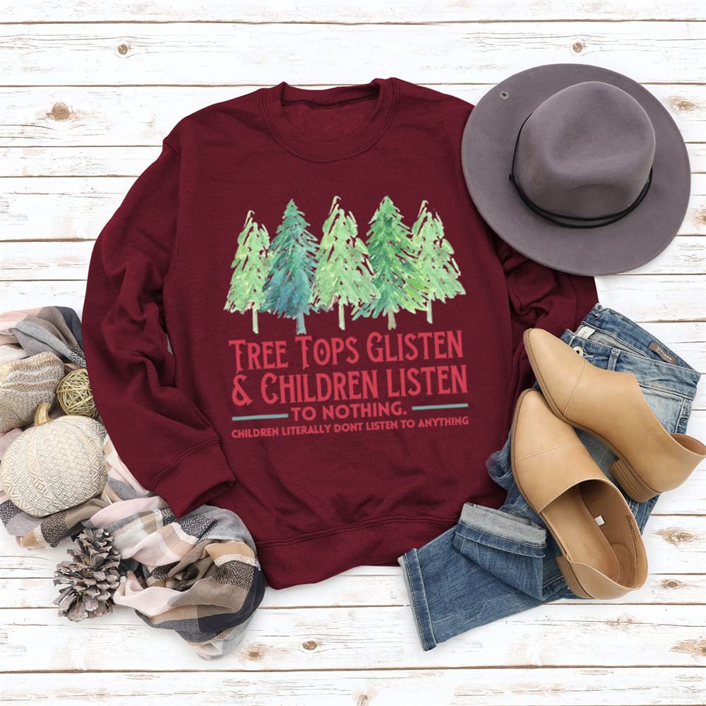 MLZHAN Women Christmas Trees Sweatshirts Tree Tops Glisten Children Listen Sweatshirt Crewneck Long Sleeve Shirt (Wine red,L,Large)
