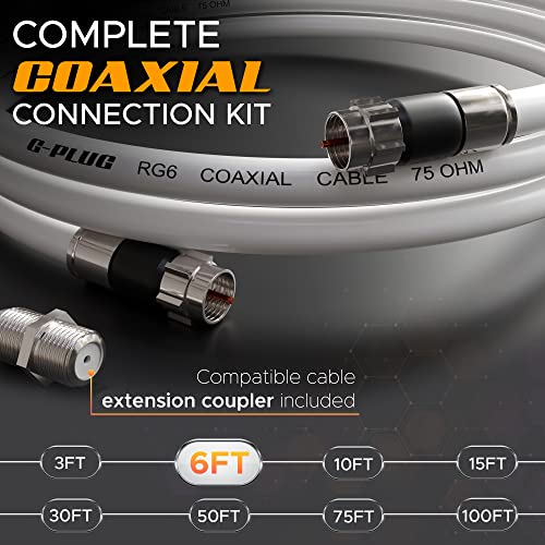 G-PLUG 6FT RG6 Coaxial Cable Connectors Set β High-Speed Internet, Broadband and Digital TV Aerial, Satellite Cable Extension β Weather-Sealed Double Rubber O-Ring and Compression Connectors White
