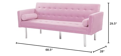 Eafurn 68.5”Futon Bed,Button Tufted Convertible Sleeper, 3-Seater Upholstered Loveseat Sofa & Couch with Adjustable Backrest and 5 Metal Legs for Living Room Bedroom Office, Pink