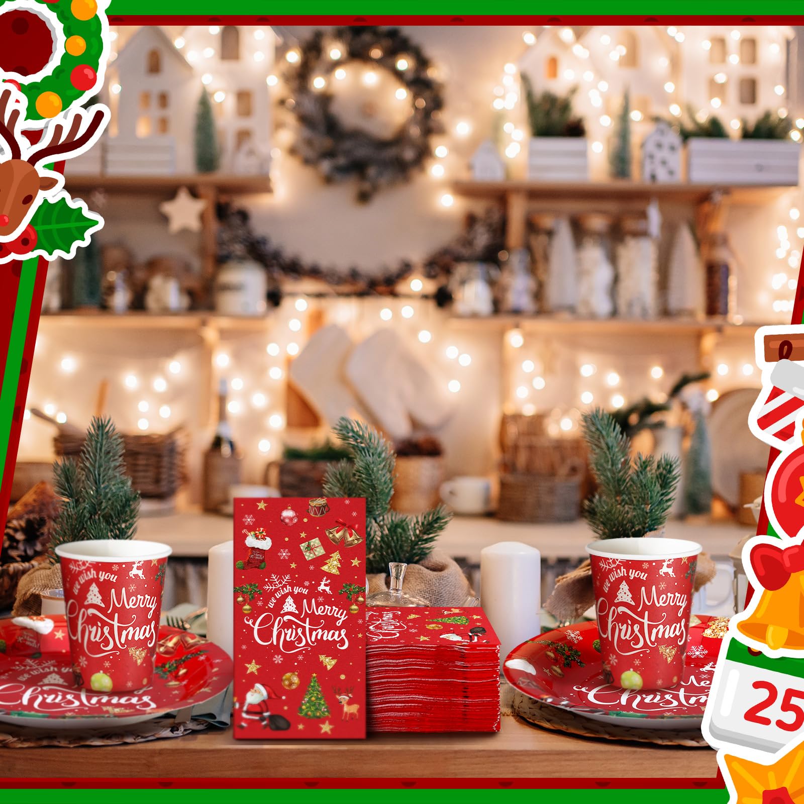 Tioncy 200Pcs Christmas Party Supplies Tableware Set Include 100 9 Inch and 7 Inch Christmas Paper Plates 50 9oz Cups 50 Holiday Lunch Napkin Disposable Christmas Plates Dinnerware Set (Classic Style)