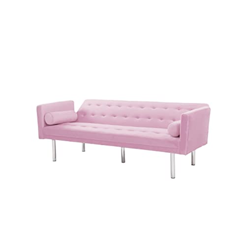 Eafurn 68.5”Futon Bed,Button Tufted Convertible Sleeper, 3-Seater Upholstered Loveseat Sofa & Couch with Adjustable Backrest and 5 Metal Legs for Living Room Bedroom Office, Pink