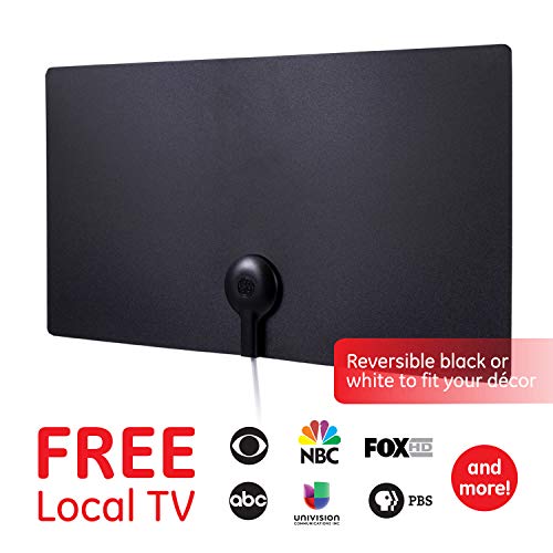 GE Ultra Edge Indoor HD Digital TV Antenna, Long Range Smart TV Antenna, Slim Décor Reversible Black White Design, Supports 4K HD Smart TV VHF UHF, 6ft Coax HDTV Cable, 11264