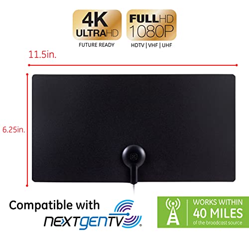 GE Ultra Edge Indoor HD Digital TV Antenna, Long Range Smart TV Antenna, Slim Décor Reversible Black White Design, Supports 4K HD Smart TV VHF UHF, 6ft Coax HDTV Cable, 11264