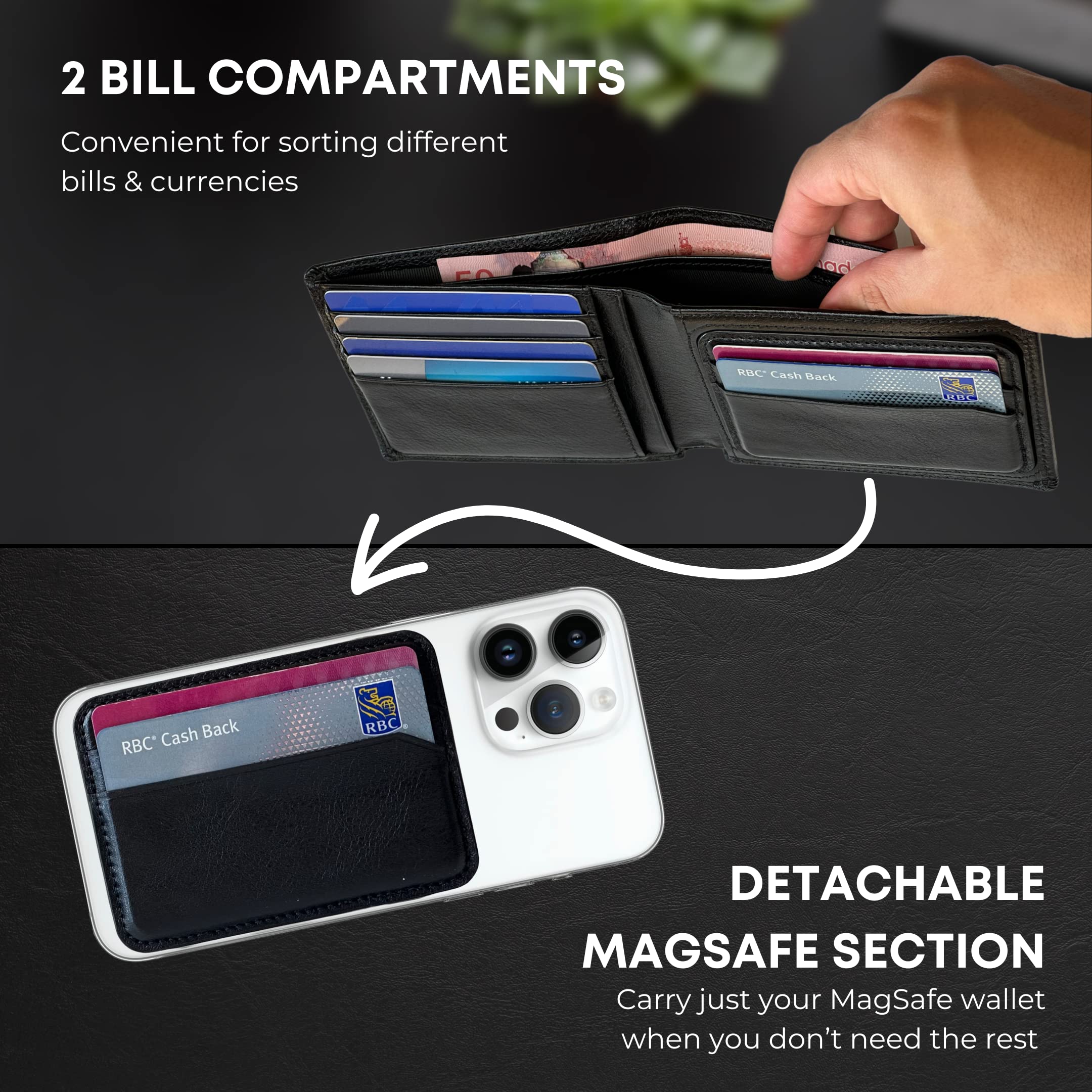 VECI 2-in-1 MagSafe Compatible Men’s Bifold Wallet with Detachable Wallet/Card Holder - Modular Design with Slim & Magnetic Section for use with iPhone (Full-grain leather, Black)