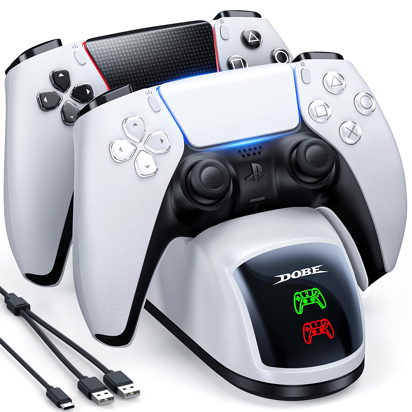 Fachixy PS5 Controller Charging Station with Fast Charging Cord PS5 Controller Charger Station Dual Charging Dock for PlayStation 5 Remote Controller Accessories with LED Lights White Black