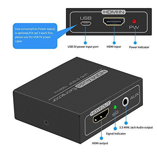 HDMI Audio Extractor,4K HDMI to HDMI with Audio 3.5mm AUX Stereo and L/R RCA Audio Out,HDMI Audio Converter Adapter Splitter Support 4K 1080P 3D Compatable for PS3 Xbox Fire Stick.