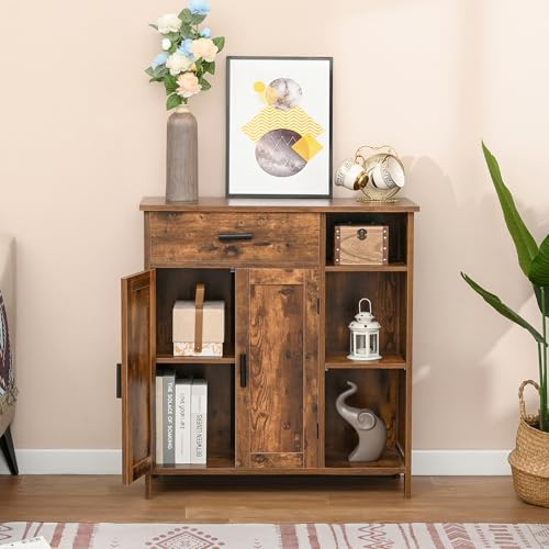 WEENFON Storage Cabinet, Floor Cabinet with Doors and Shelves, Coffee Bar Cabinet with Drawer, Organizer Cabinet for Living Room, Dining Room, Rustic Brown
