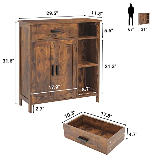 WEENFON Storage Cabinet, Floor Cabinet with Doors and Shelves, Coffee Bar Cabinet with Drawer, Organizer Cabinet for Living Room, Dining Room, Rustic Brown