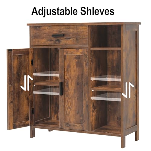 WEENFON Storage Cabinet, Floor Cabinet with Doors and Shelves, Coffee Bar Cabinet with Drawer, Organizer Cabinet for Living Room, Dining Room, Rustic Brown