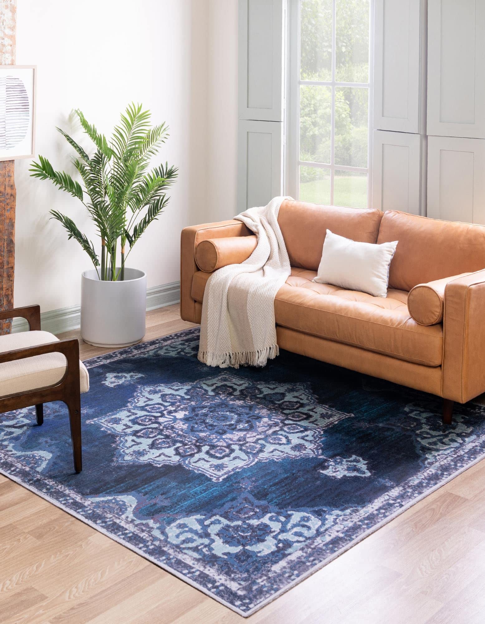 Rugs.com Francesca Collection Washable Rug – 7 Ft Square Navy Blue Flatweave Rug Perfect for Living Rooms, Kitchens, Entryways