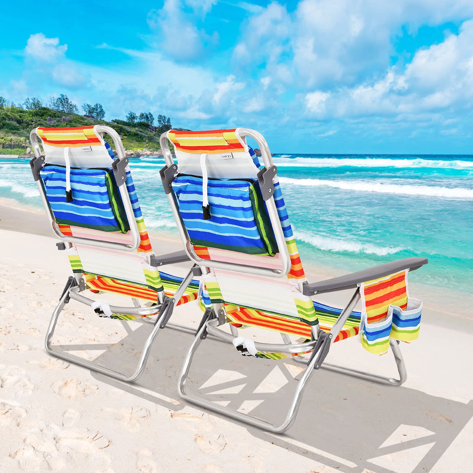 Giantex Beach Chair 2-Pack Sling Camping Chair, Sunbathing Chairs with 5 Adjustable Position, Head Pillow, Storage Bag, Towel Bar, Cup Holders, Folding Fishing Backpack Lawn Chairs