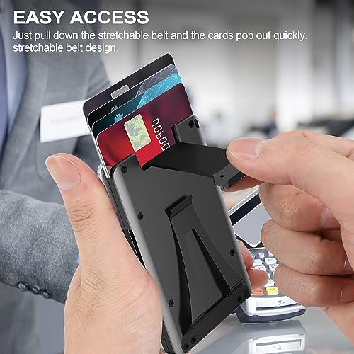 umoven Minimalist Wallet For Men - Aluminum Slim Stretchable Belt Draw-Out Metal Wallet with 1 Clear window ID Badge Holder, Holds up 15 Cards with Cash Strap. (Clip-Grey)