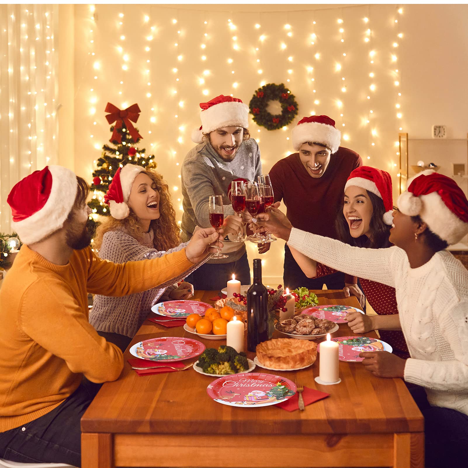 Bluechok Christmas Party Paper Plates Sets, 72Pcs Santa Elk Print Decorations Supplies, Disposable Xmas Holiday Decor Tableware Set Includes Paper Plates and Napkins for 24 Guests