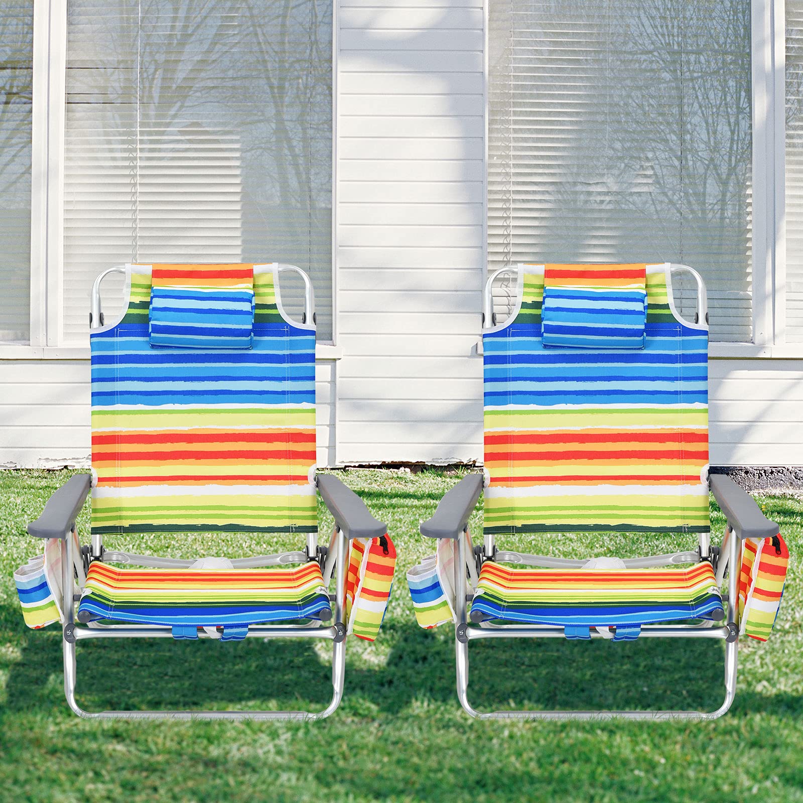 Giantex Beach Chair 2-Pack Sling Camping Chair, Sunbathing Chairs with 5 Adjustable Position, Head Pillow, Storage Bag, Towel Bar, Cup Holders, Folding Fishing Backpack Lawn Chairs