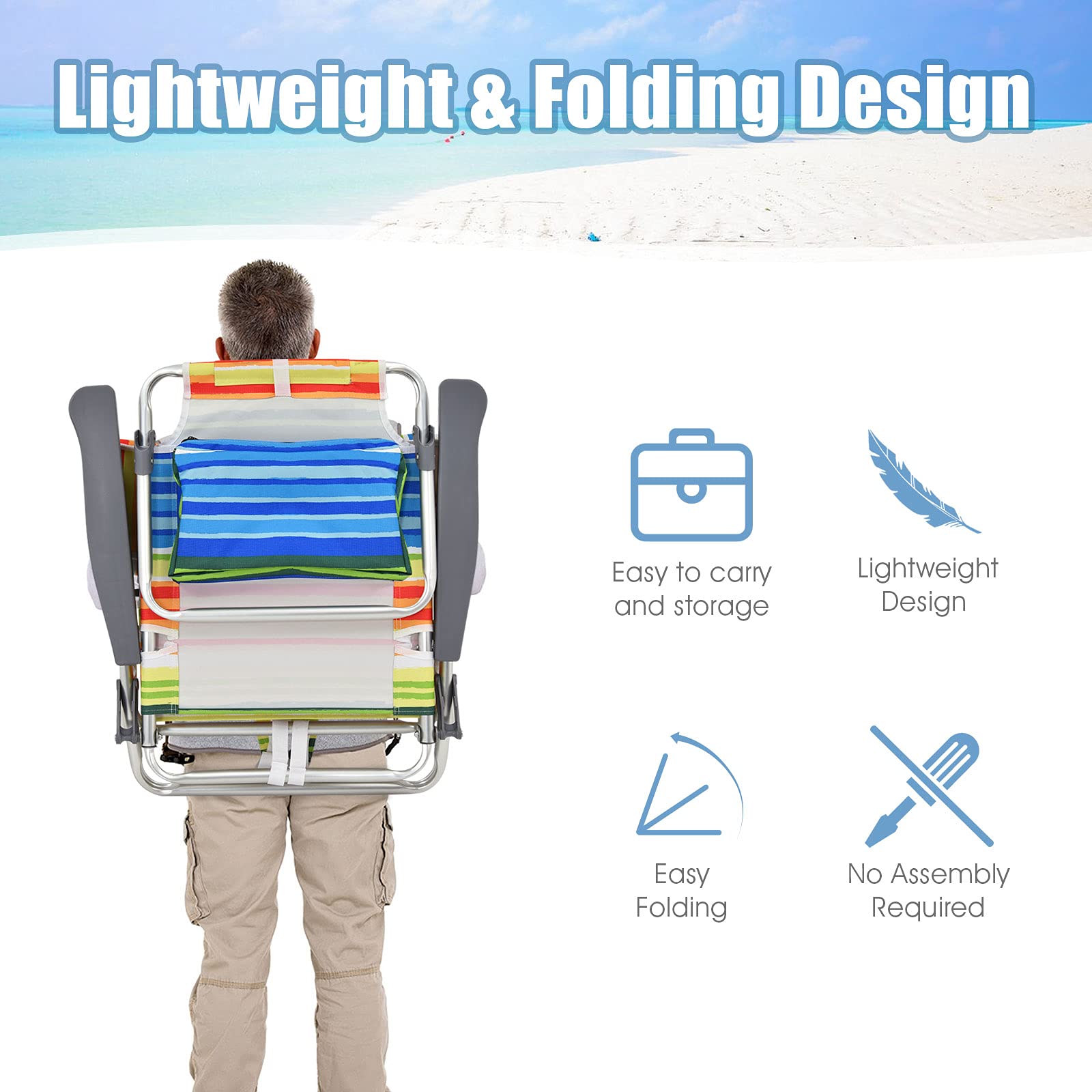 Giantex Beach Chair 2-Pack Sling Camping Chair, Sunbathing Chairs with 5 Adjustable Position, Head Pillow, Storage Bag, Towel Bar, Cup Holders, Folding Fishing Backpack Lawn Chairs