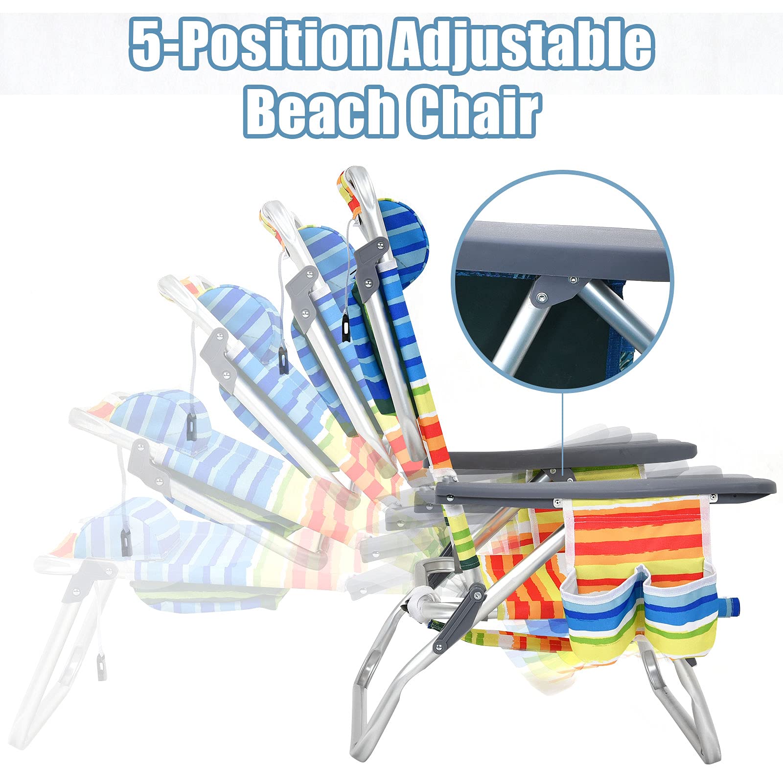 Giantex Beach Chair 2-Pack Sling Camping Chair, Sunbathing Chairs with 5 Adjustable Position, Head Pillow, Storage Bag, Towel Bar, Cup Holders, Folding Fishing Backpack Lawn Chairs
