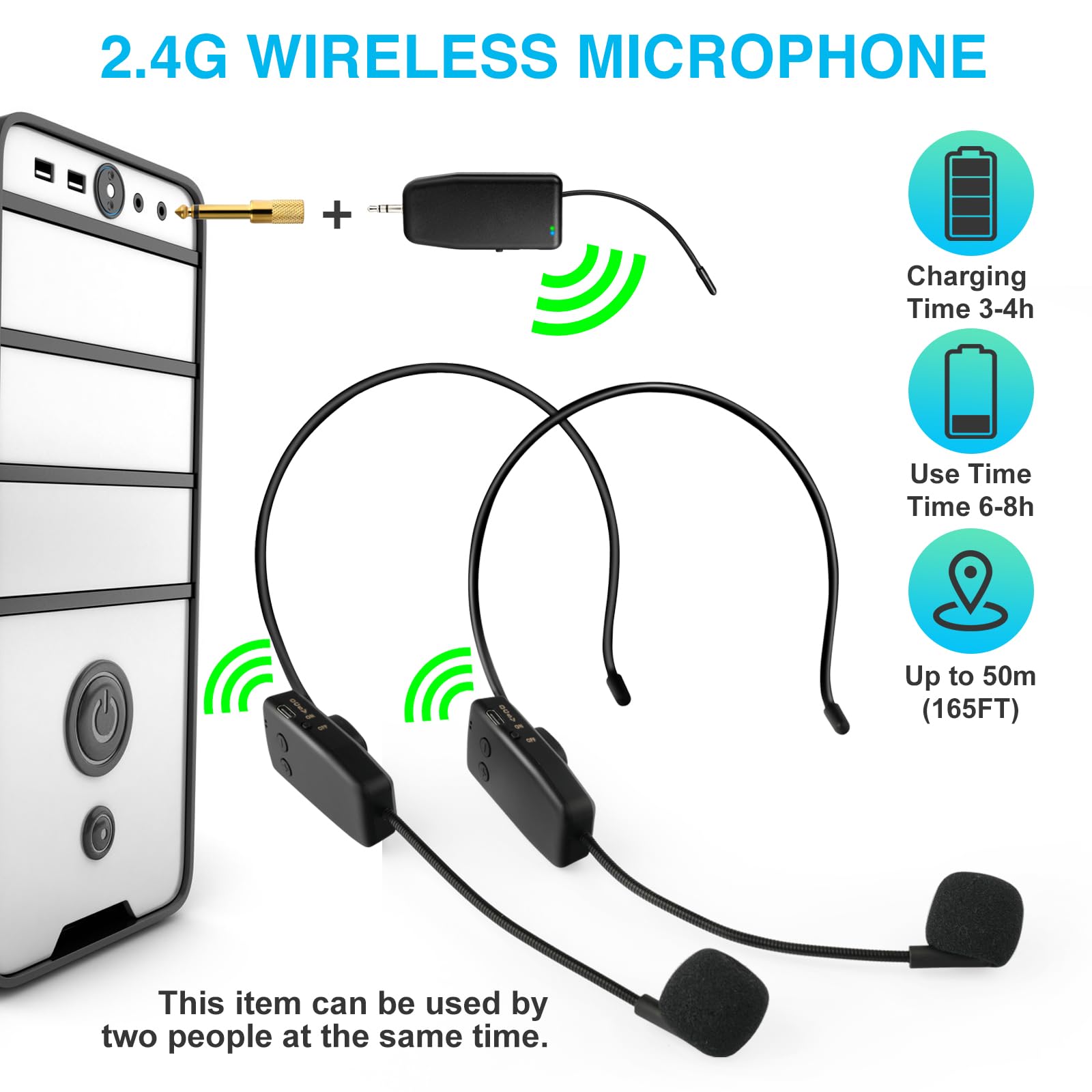 oxxyeeKS Wireless Microphone System for 2 People,160ft Range, 2.4G Dual Wireless Headset Mics for Karaoke Speaker, Amplifier, Mic Speakers, PA System, Yoga,Teaching, Fitness