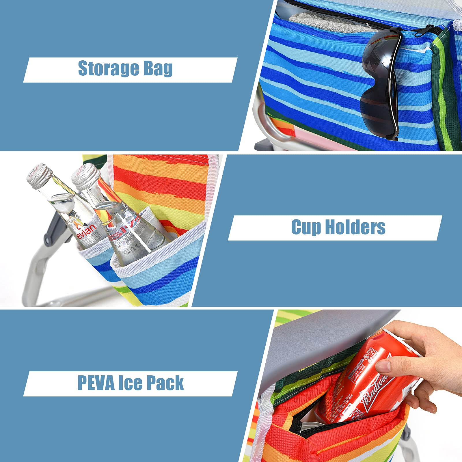 Giantex Beach Chair 2-Pack Sling Camping Chair, Sunbathing Chairs with 5 Adjustable Position, Head Pillow, Storage Bag, Towel Bar, Cup Holders, Folding Fishing Backpack Lawn Chairs